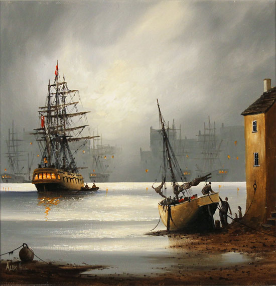 Alex Hill | Original oil painting on canvas, Moonlight Harbour, Art to ...