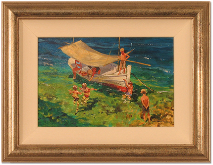 John Haskins | Original oil painting on panel, Children and Boat, Art ...